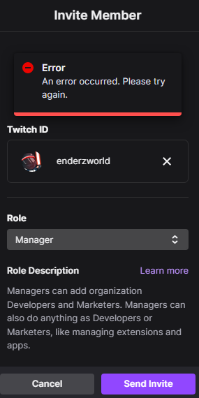Inviting Users to the Organization Error · Issue #599 · twitchdev/issues · GitHub