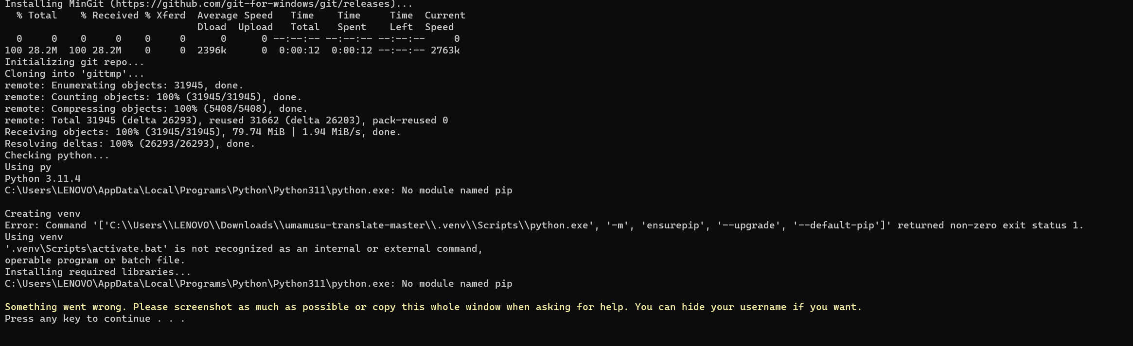 Error when run Install.bat · Issue #51 · noccu/umamusu-translate · GitHub