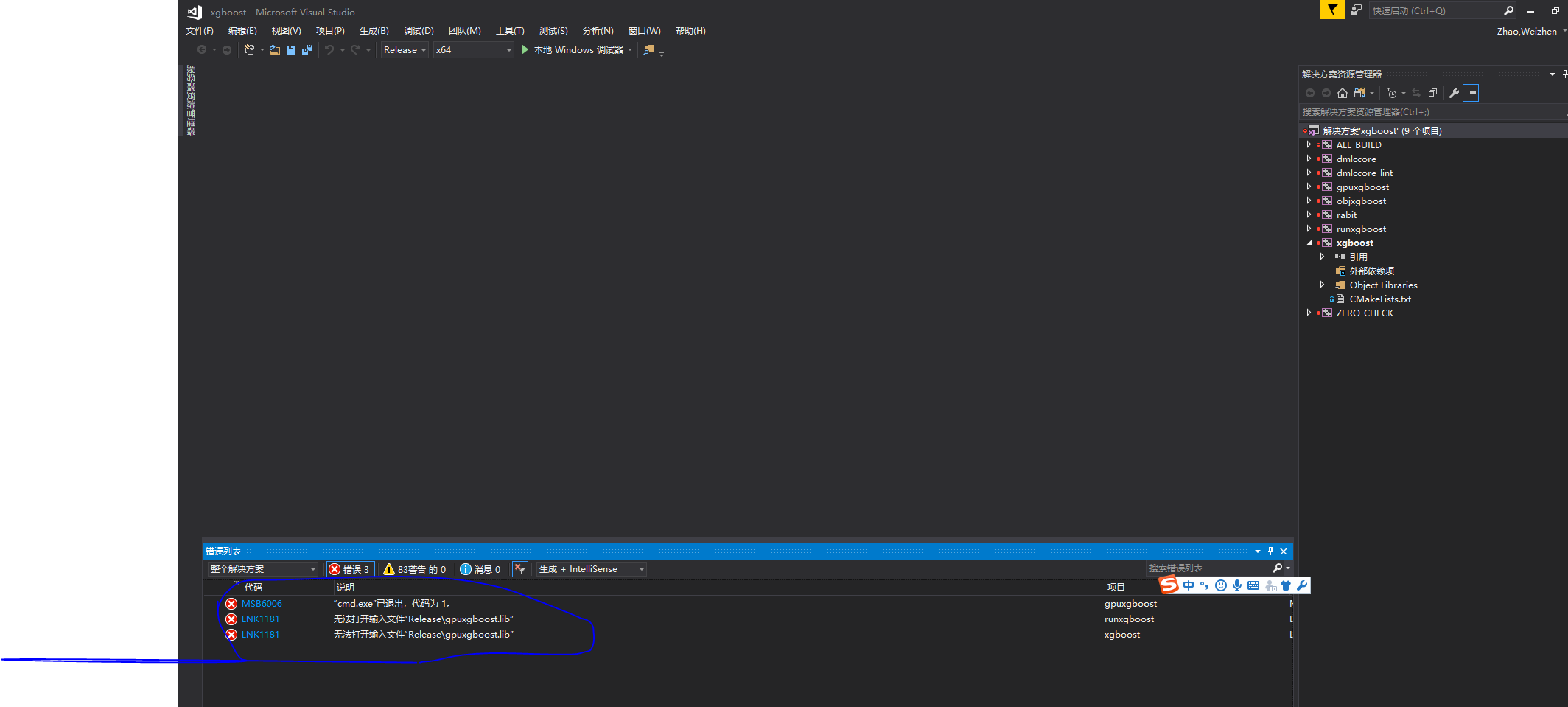 error LNK1181 无法打开输入文件“Release\gpuxgboost.lib” xgboost C:\Users\95890\Documents\GitHub\xgboost ...