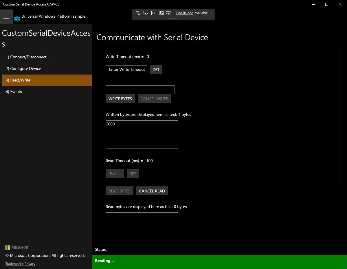 CustomSerialDeviceAccess: setting any Read timeout and requesting read ...