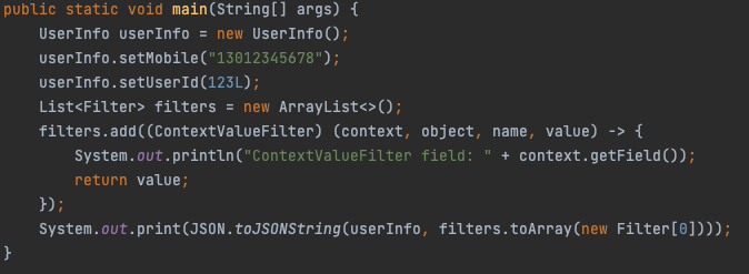 [BUG]同时使用ContextValueFilter和ContextNameFilter时获取不到field信息 · Issue #1713 · alibaba/fastjson2 · GitHub