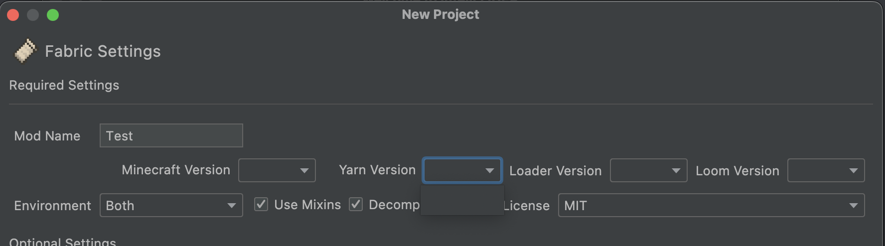 New Fabric project setup screen is not loading MC, Yarn, Loader and ...