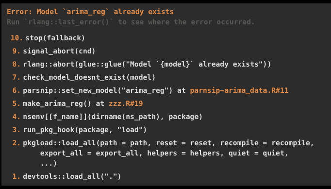 Error: Model `arima_reg` already exists · Issue #307 · tidymodels/parsnip · GitHub