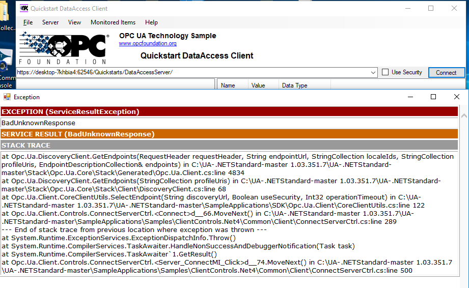 Error in latest OPC UA source code, for communication with https ...