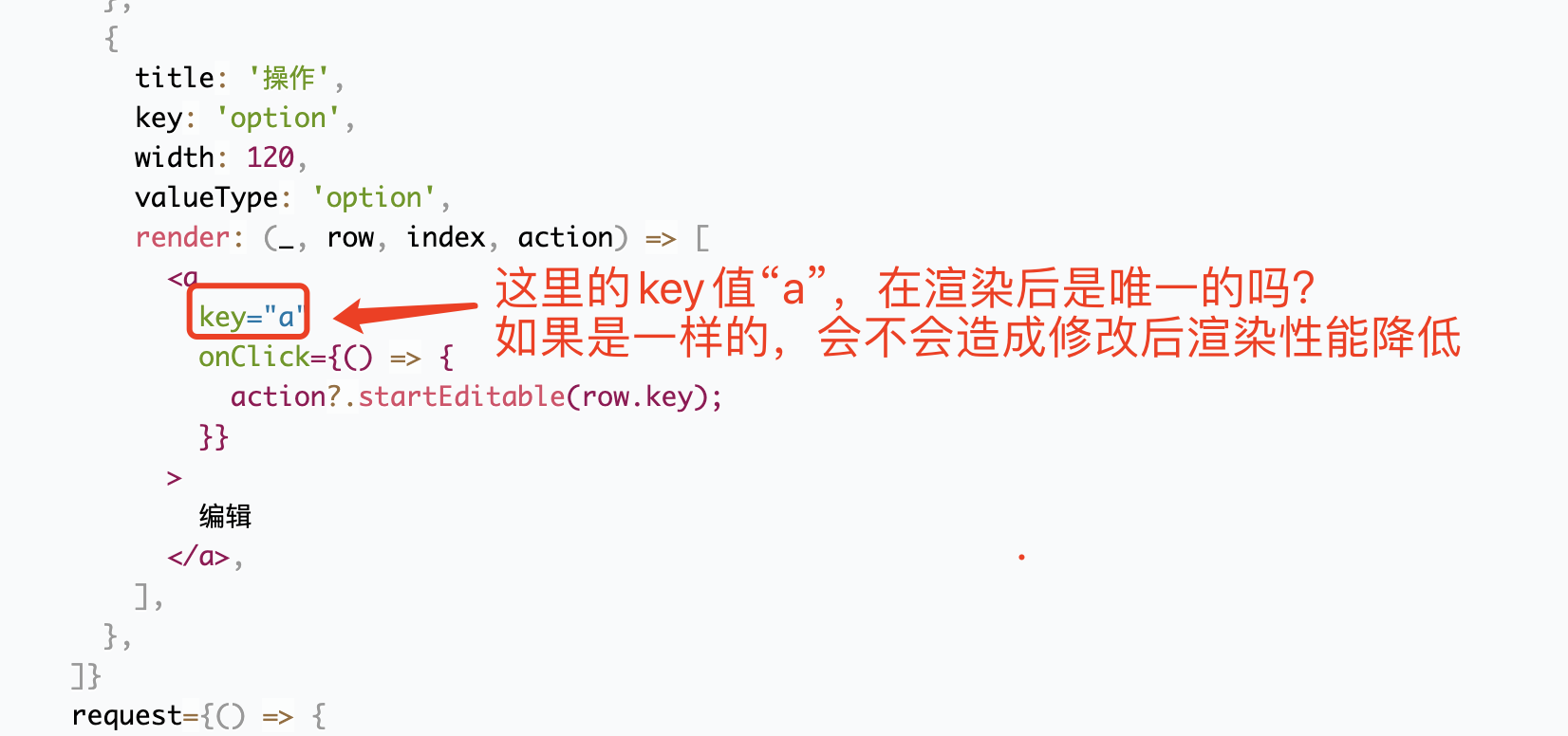 🧐 问题 想了解一下，表格列中的render，渲染的操作列key值是不是唯一的，如果重复了，会不会造成渲染性能的降低 · Issue 