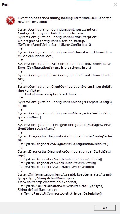Exception happened during loading ParrotData.xml Generate new one by saving ! (when launch the ...