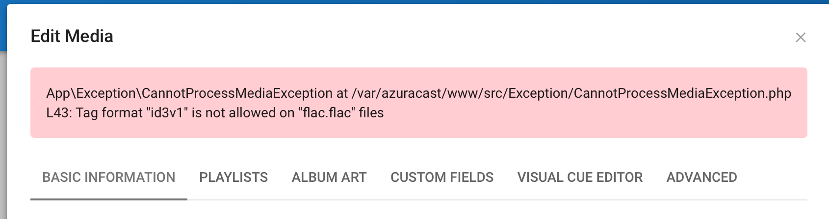Tag format "id3v1" is not allowed on "flac.flac" files · Issue #3900 · AzuraCast/AzuraCast · GitHub