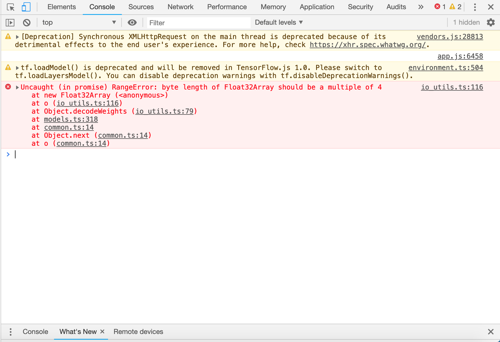 Error:io_utils.ts:116 Uncaught (in promise) RangeError: byte length of Float32Array should be a ...