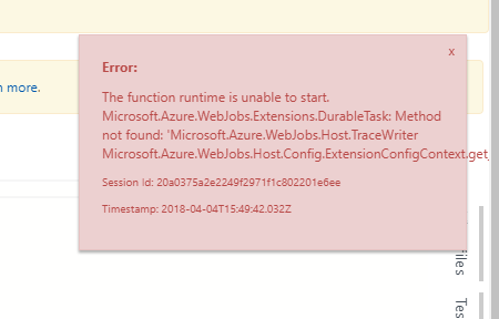 The function runtime is unable to start. Microsoft.Azure.WebJobs.Extensions.DurableTask: Method ...