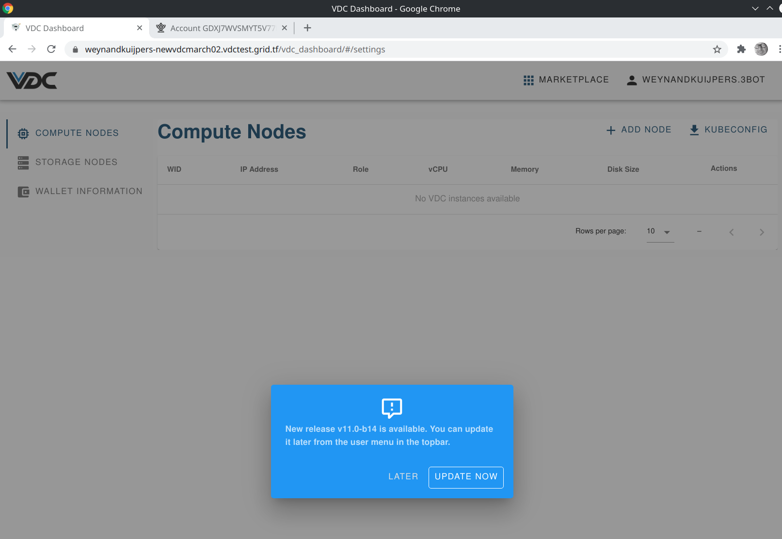 newly deployed VDC keeps reporting new release is available + broken image at QR code to top up ...
