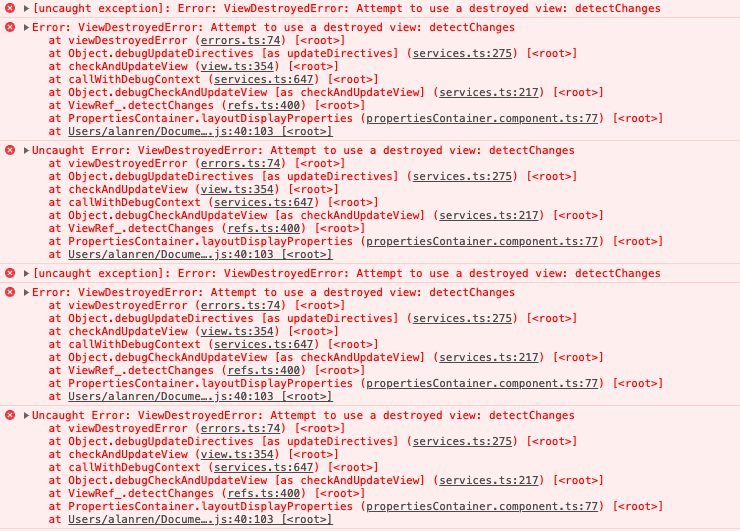 properties widget throwing error about destroyed view being used ...