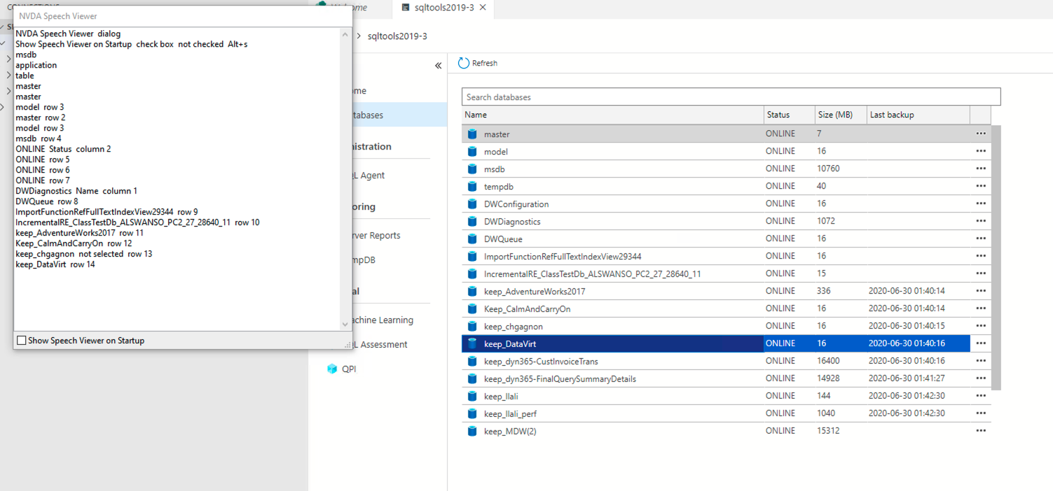 A11y_AzureDataStudioStayHealthy_Dashboard_Databases_Screenreader : NVDA is incorrectly ...