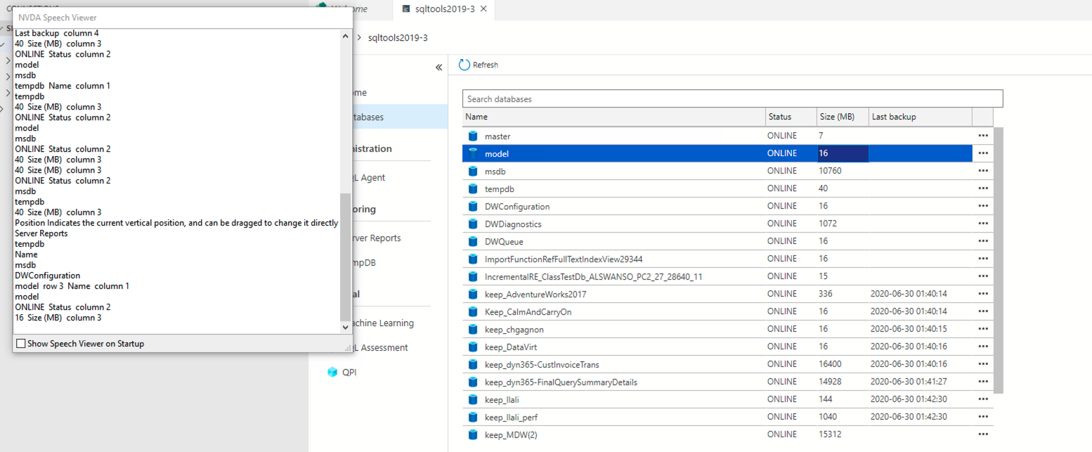 A11y_AzureDataStudioStayHealthy_Dashboard_Databases_Screenreader : Table header is not announced ...