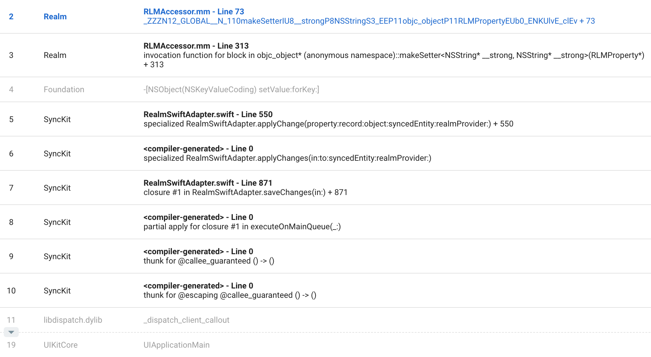 Crash on RLMAccessor.mm line 73 · Issue #107 · mentrena/SyncKit · GitHub