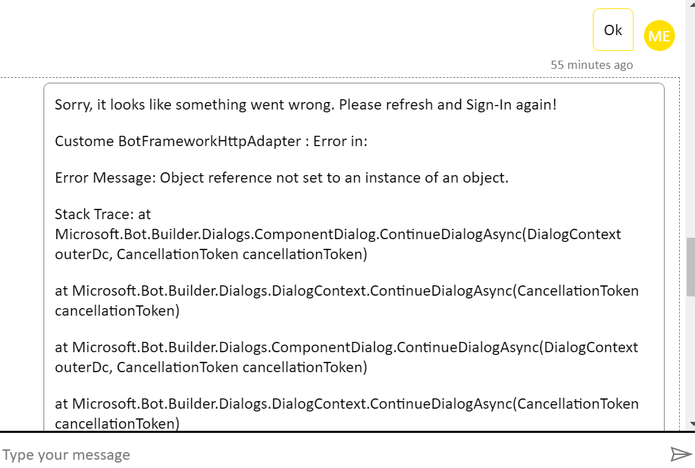 Botframeworkadapter Error Message Object Reference Not Set To An Instance Of An Object 