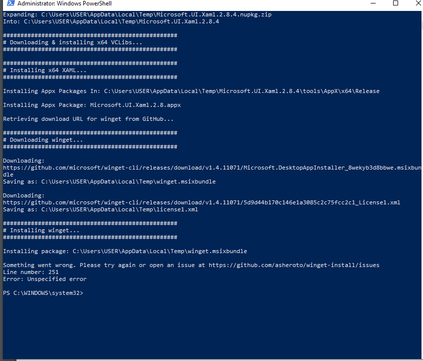 Line number 251 unspecified error · Issue #3379 · microsoft/winget-cli · GitHub