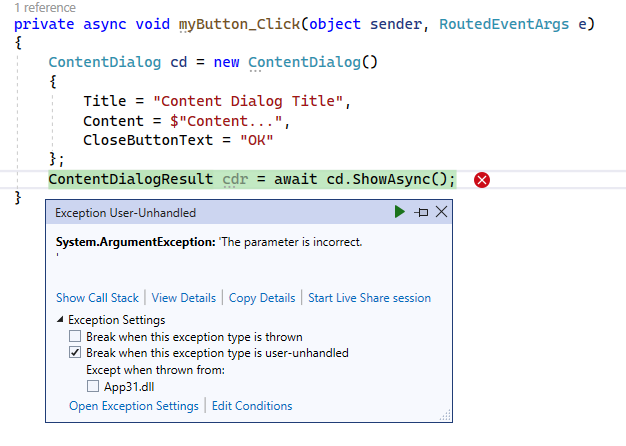 [Preview-4] Change the ContentDialog XamlRoot not set error message to something more helpful ...