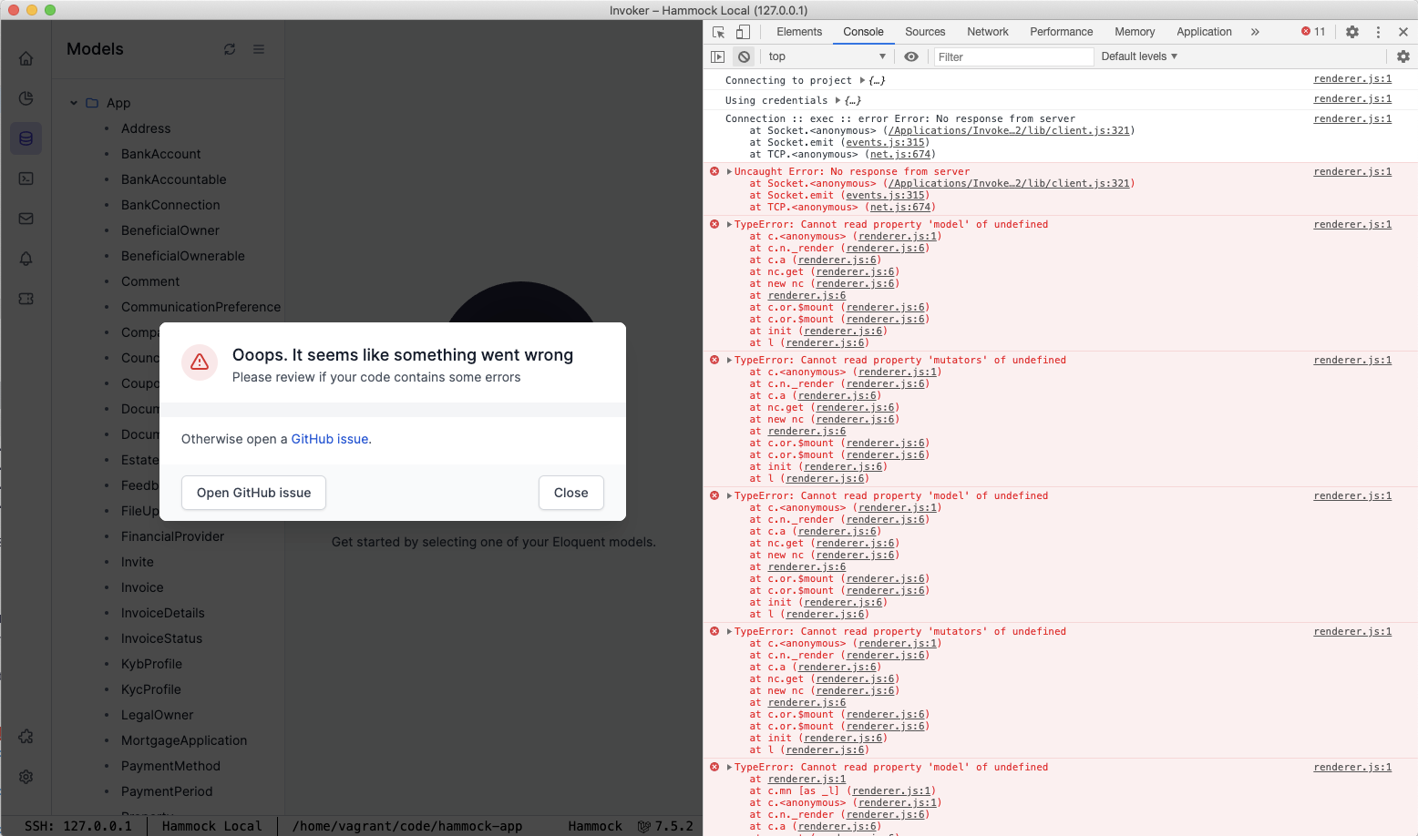Several console errors after connecting via SSH to local (Homestead) project - undefined model ...