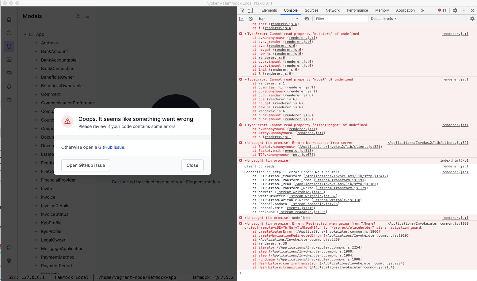Several console errors after connecting via SSH to local (Homestead) project - undefined model ...