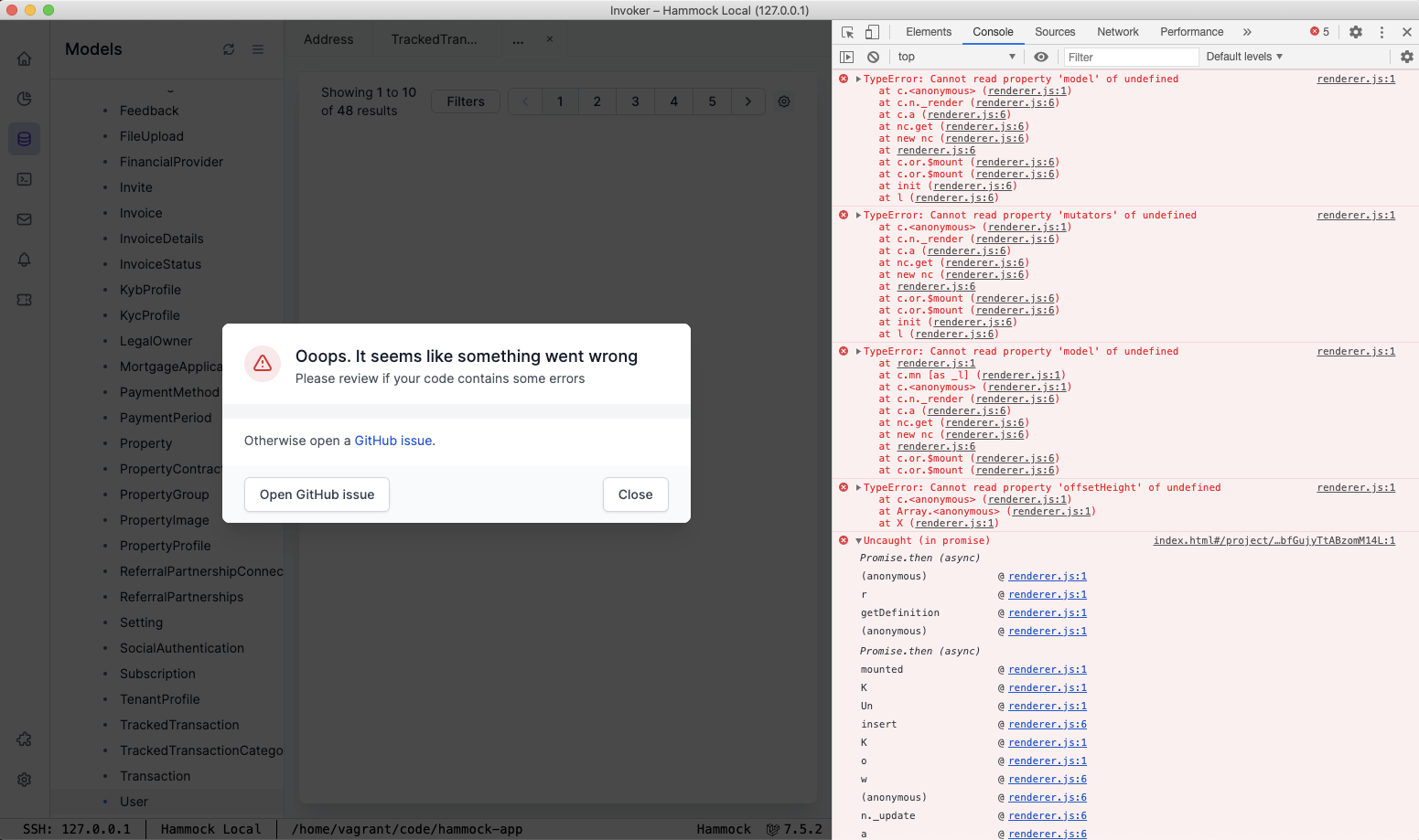 Several console errors after connecting via SSH to local (Homestead) project - undefined model ...