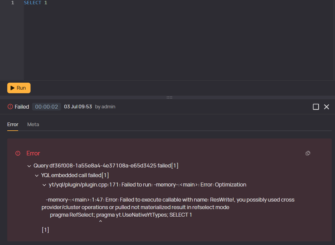 YQL queries not reading from a table fail in the UI · Issue #62 · ytsaurus/ytsaurus · GitHub