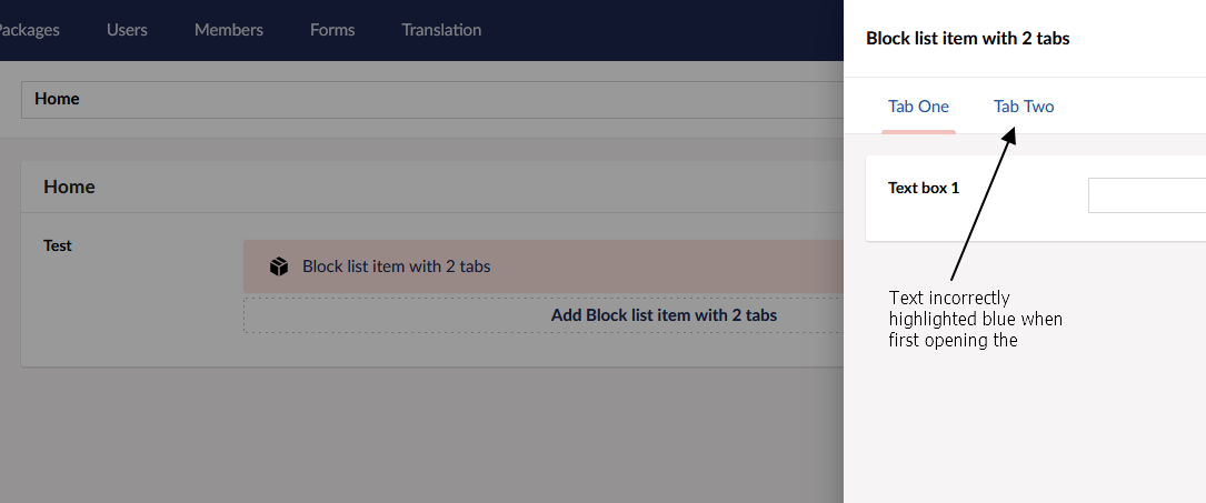 Block List Editor - opening a list item with 2 tabs highlights both first and second tabs ...