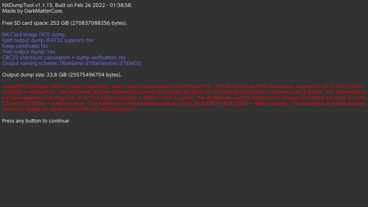 Nxdumptool Fails To Dump Xci If The Filename Length Exceeds 255chr · Issue 133 · Darkmattercore