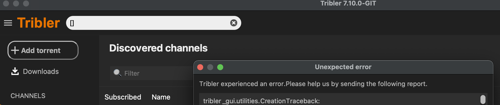 [Main] Brackets in search query crashes Tribler · Issue #6576 · Tribler ...