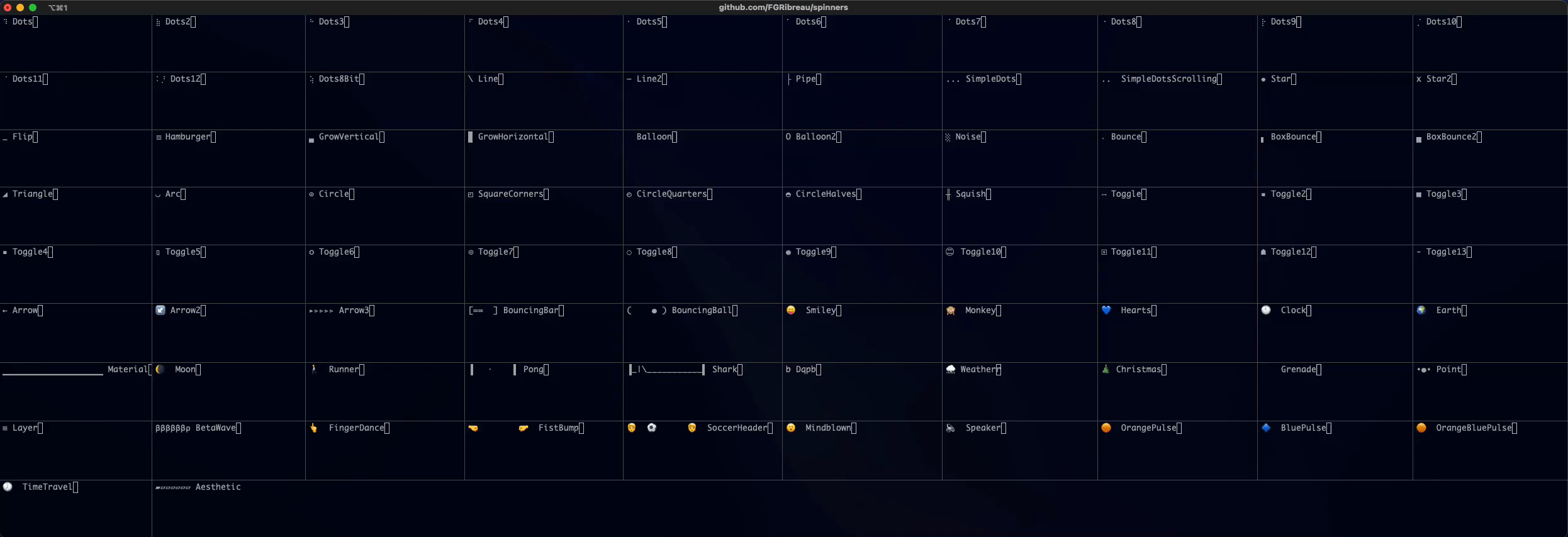 GitHub - FGRibreau/spinners: 🛎 60+ Elegant terminal spinners for Rust