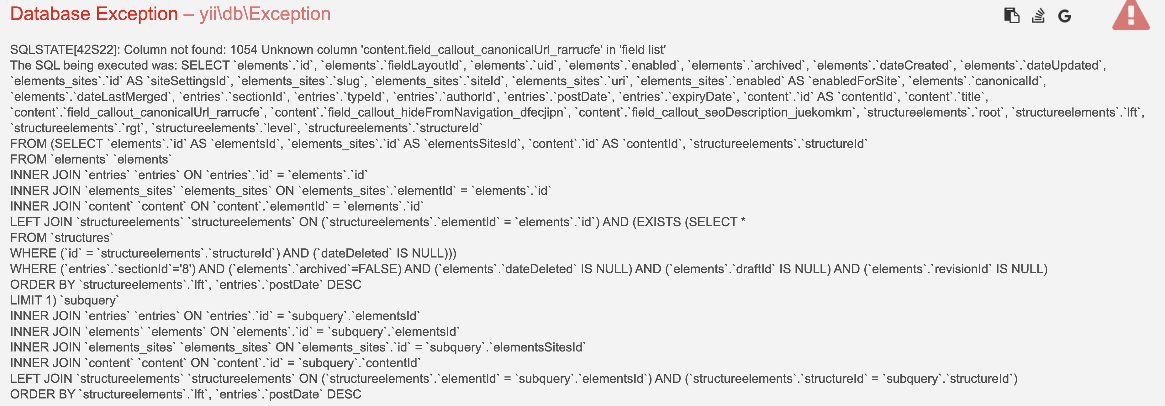 Editing Matrix field throws Database exception - Column not found - for a field that exists ...