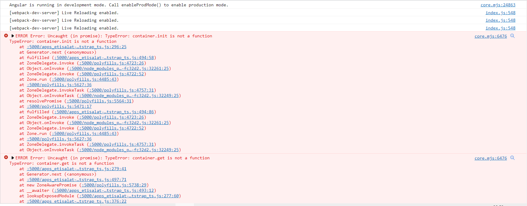 getting errors "TypeError: container.init is not a function, TypeError: container.get is not a ...