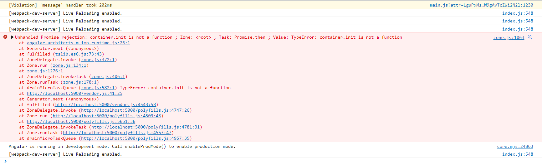 getting errors "TypeError: container.init is not a function, TypeError ...