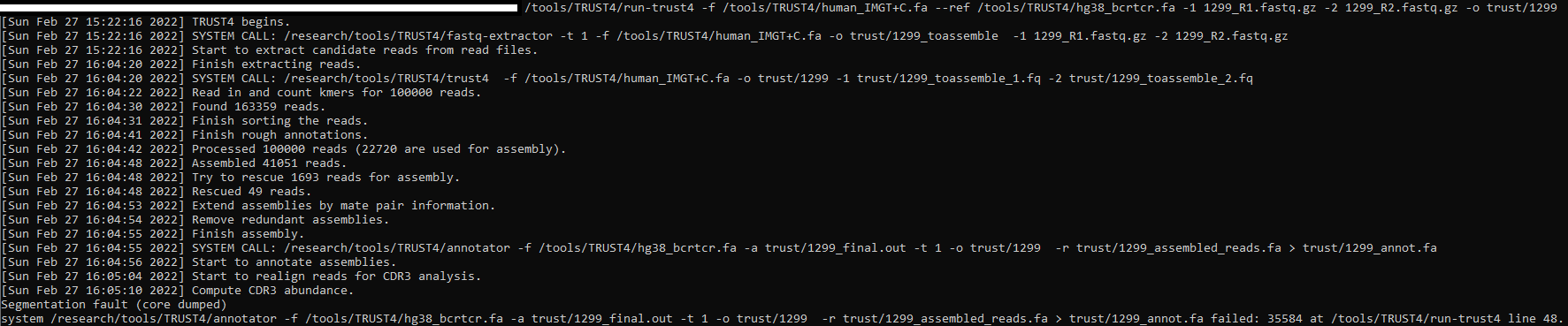 Segmentation fault with annotator · Issue #116 · liulab-dfci/TRUST4 · GitHub