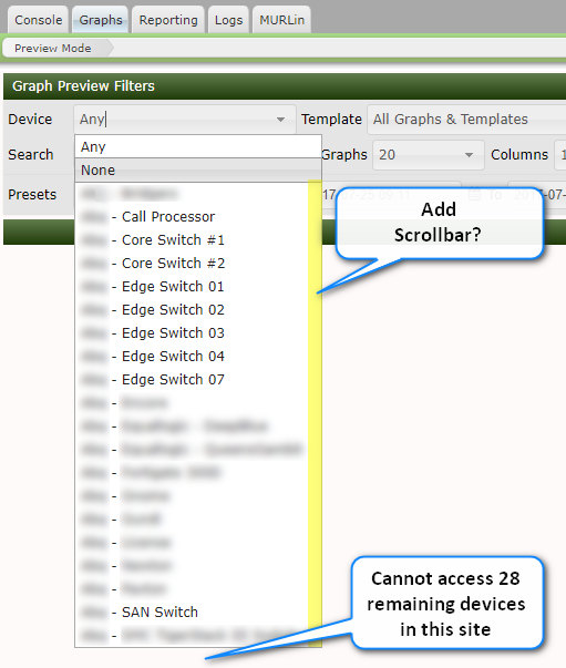 Device drop down (graphs->List/Preview) is limited to 20 devices ...