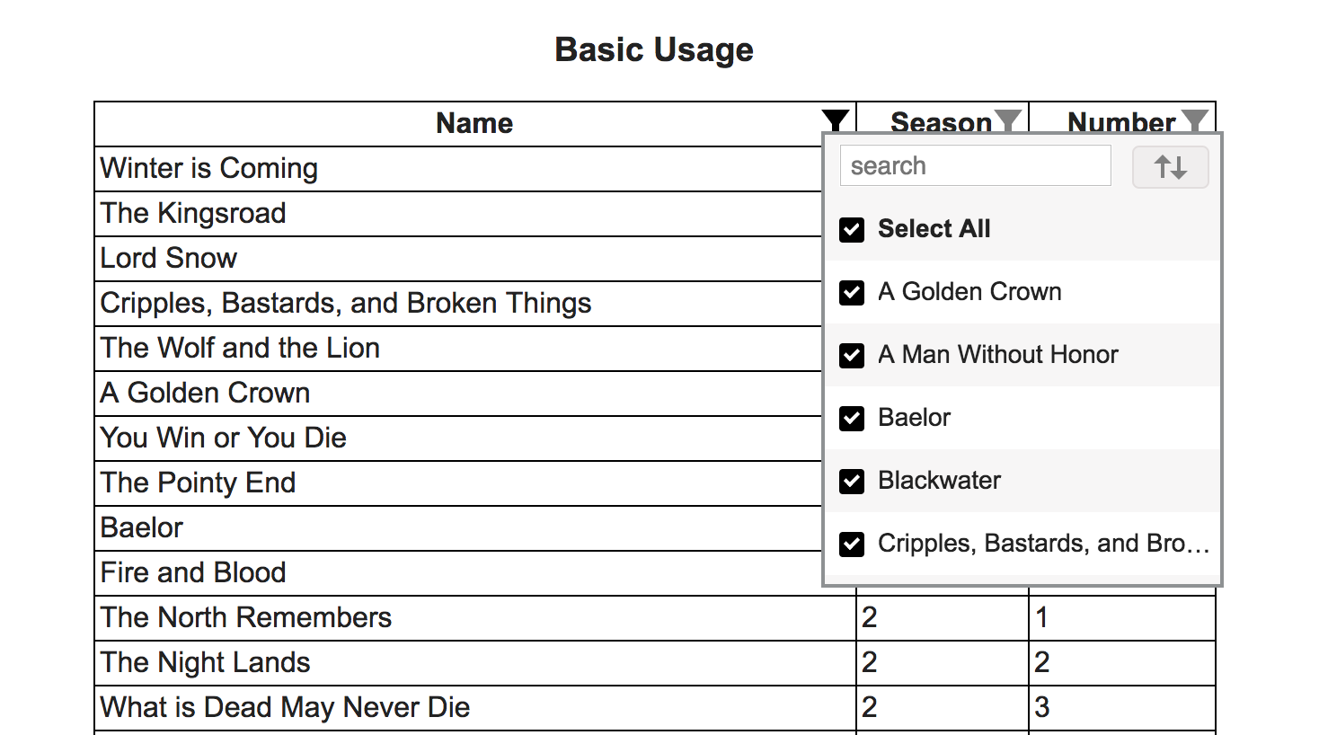 Package React table filter