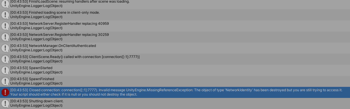 Client not properly changing scenes/spawning objects in Unity Editor ...