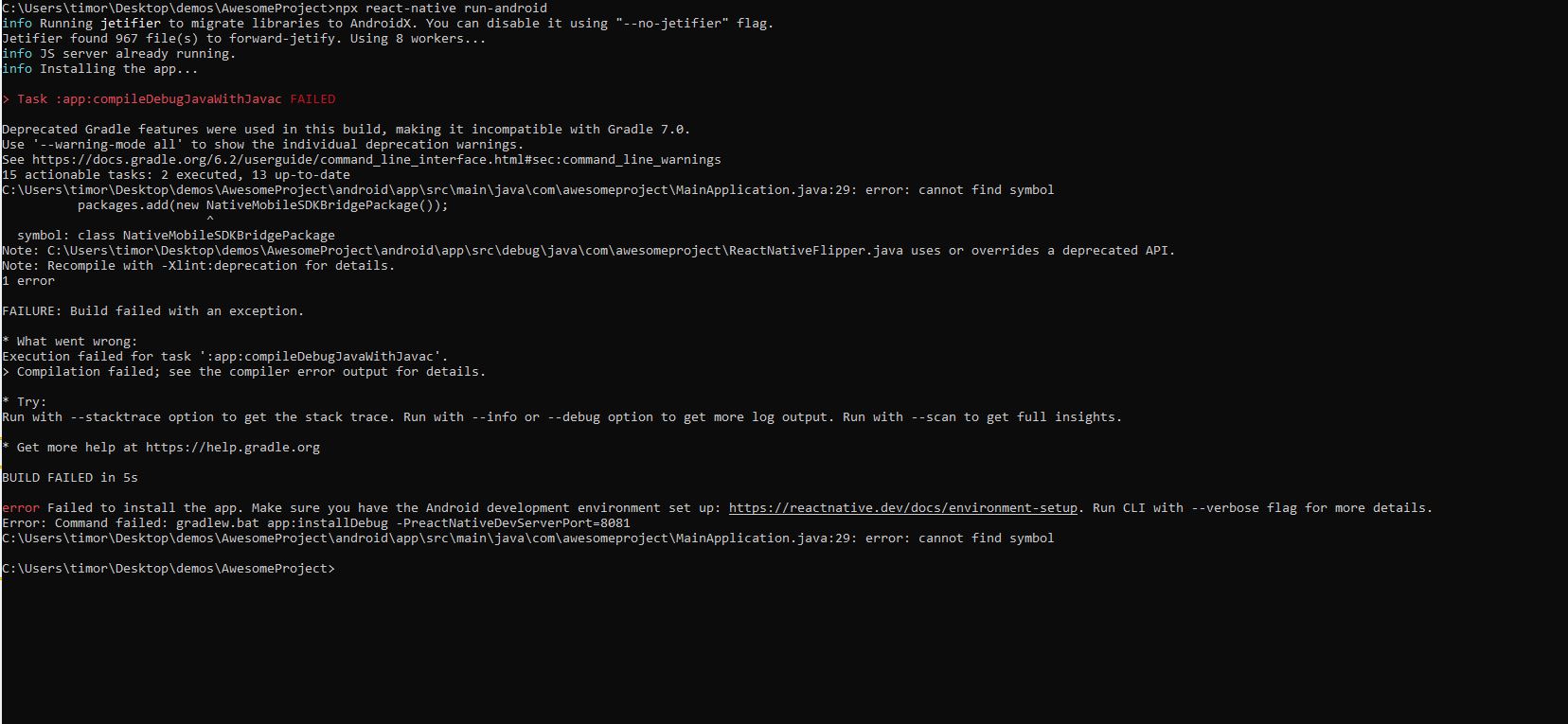 Error: packages.add(new NativeMobileSDKBridgePackage()) in MainApplication.java. cannot find ...