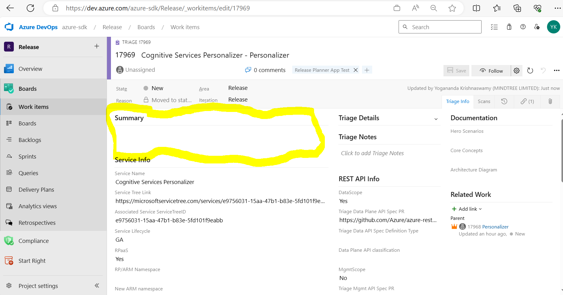 Summary field for onboarded product is displayed bank. This is the description field in service ...