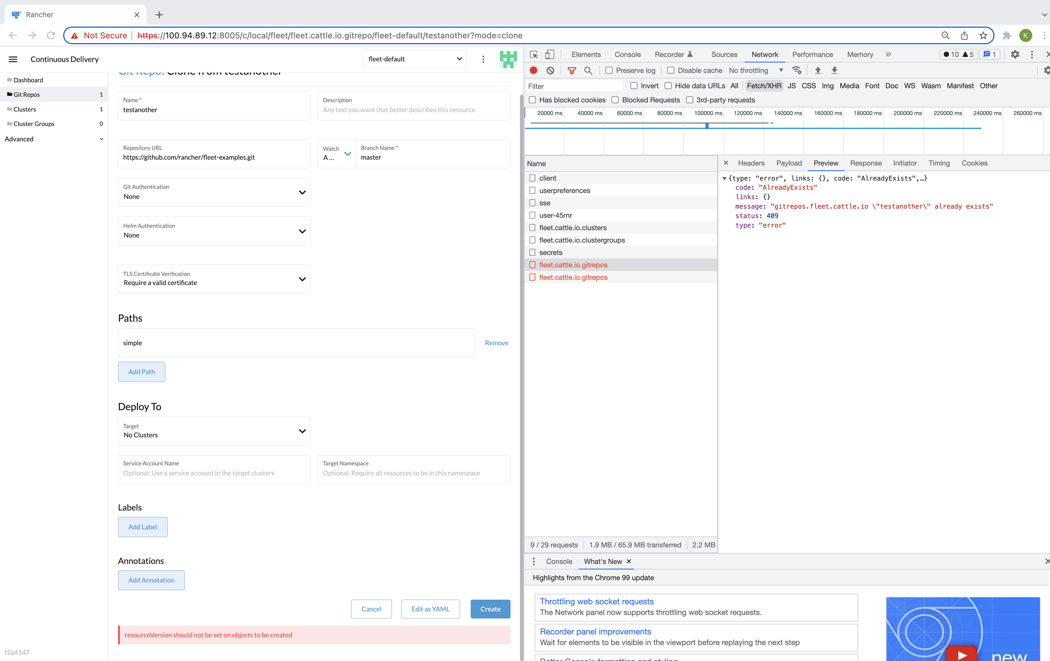 Wrong Error Message When Creating Repo With Same Name In Same Workspace · Issue 5345 · Rancher