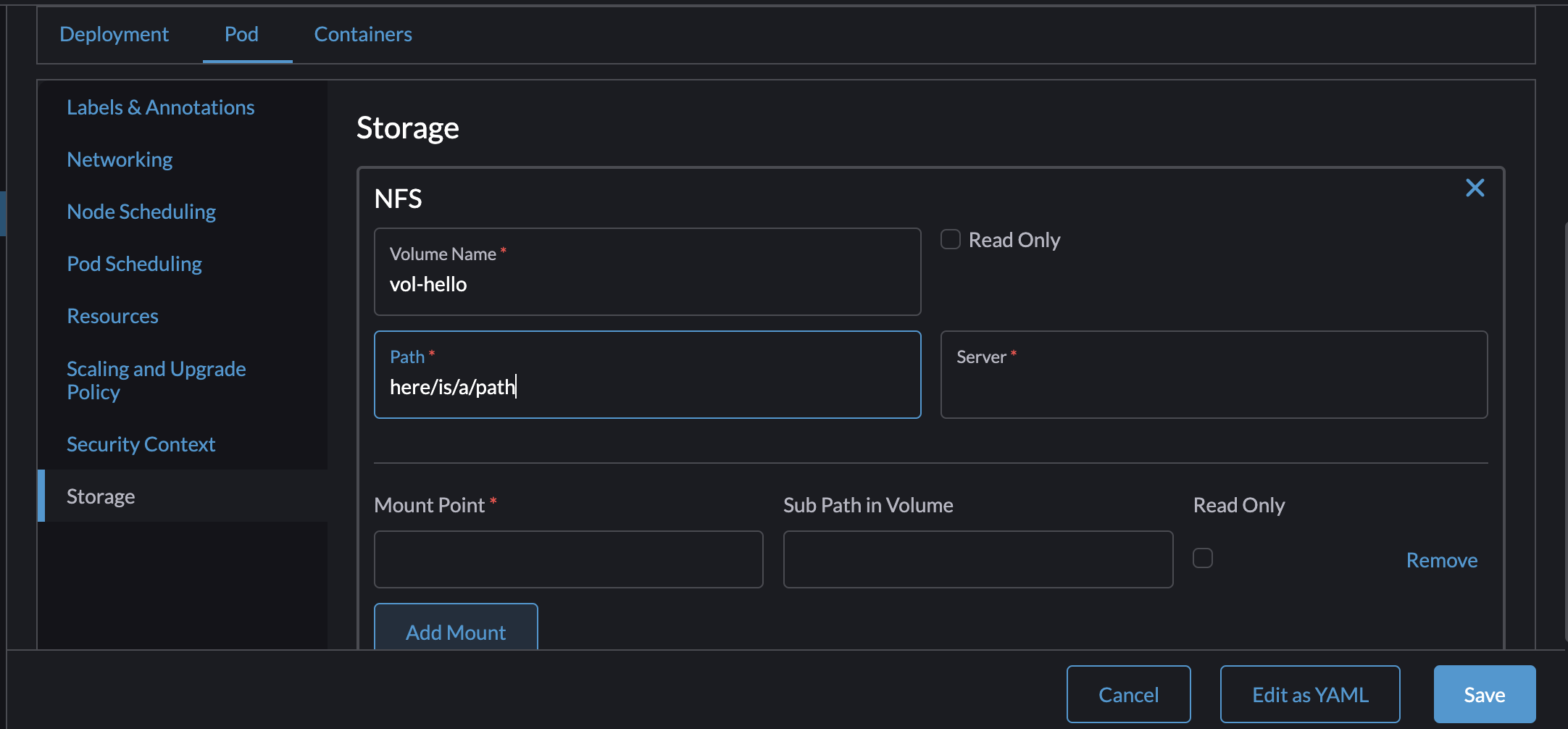Workload Storage Mount Point For Volumes Should Be On Containers · Issue 6800 · Rancher