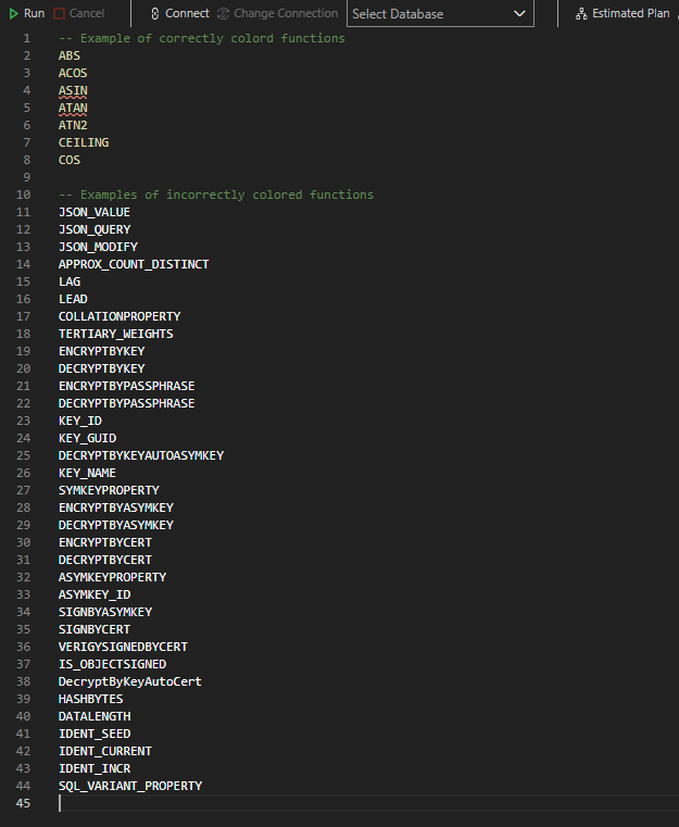 T-SQL functions are not colored in correctly in query editor · Issue ...