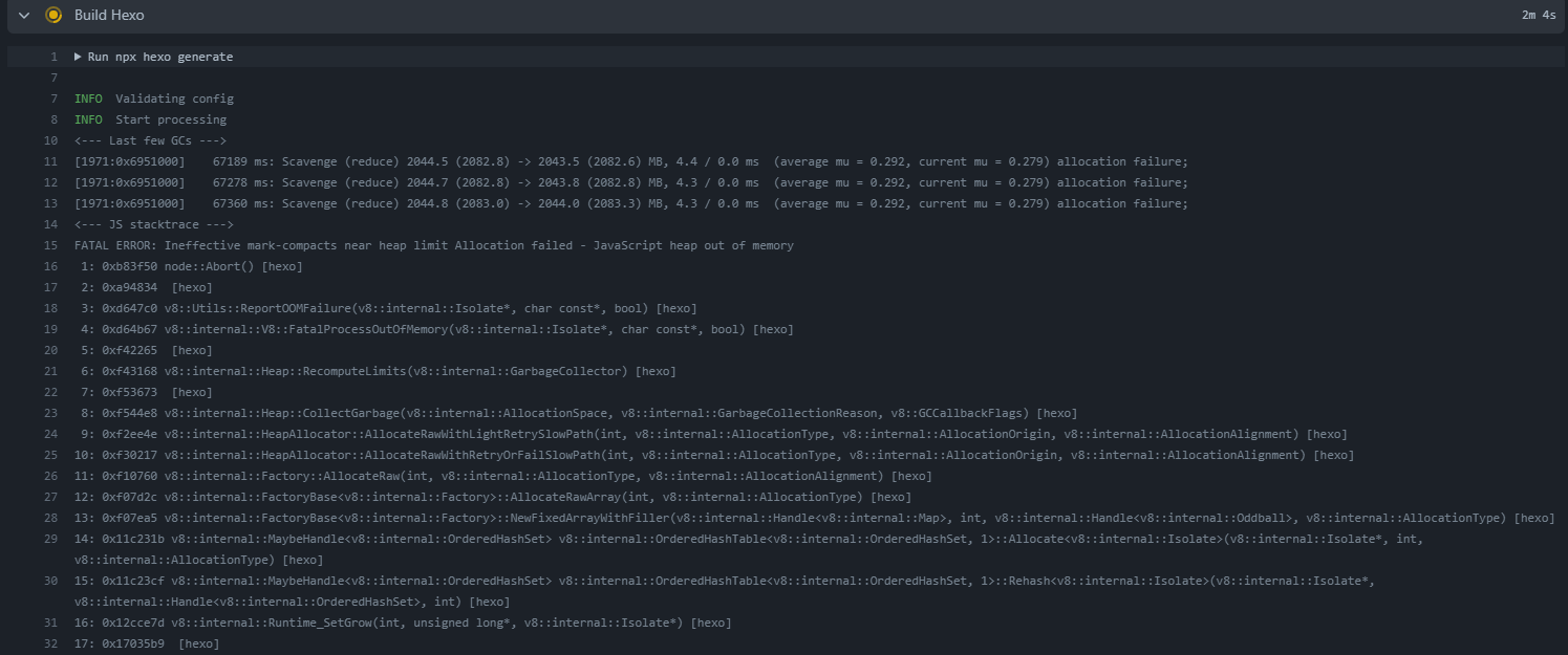 升级2.5.0后Github Action构建OOM，hexo g命令执行内存溢出 · Issue #366 · auroral-ui/hexo-theme-aurora · GitHub