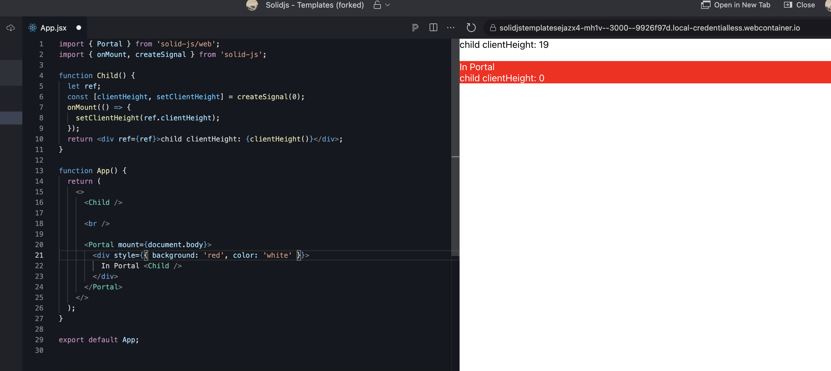 Portal's children, can't get ref.clientHeight in onMount · Issue #1687 · solidjs/solid · GitHub