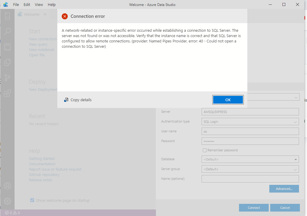 Connection error with SQL Server Express 2019 · Issue #12707 ...