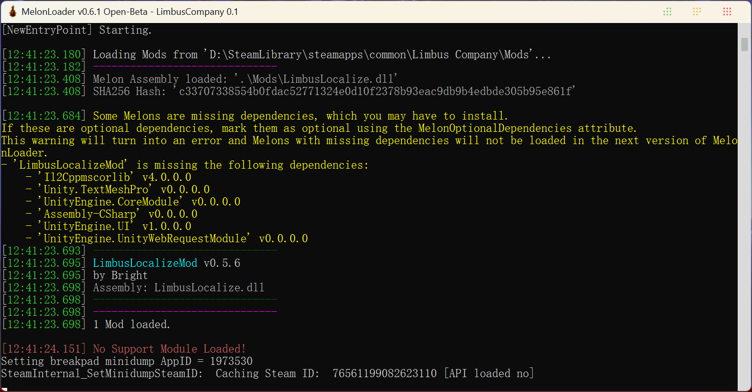 控制台显示：No Support Module Loaded! 游戏无汉化，已经安装最新汉化 · Issue #141 · LocalizeLimbusCompany ...