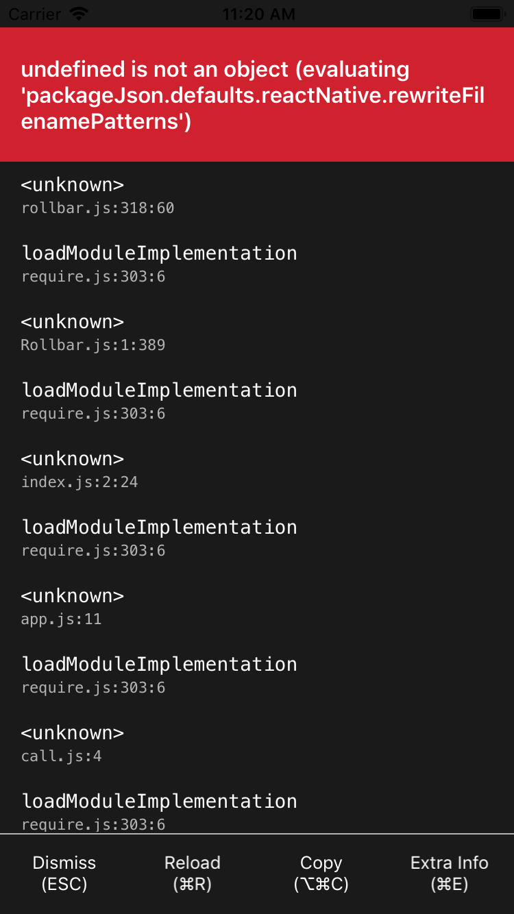 Undefined is not an object(evaluating 'packageJson.defaults.reactNative.rewriteFilenamePatterns ...