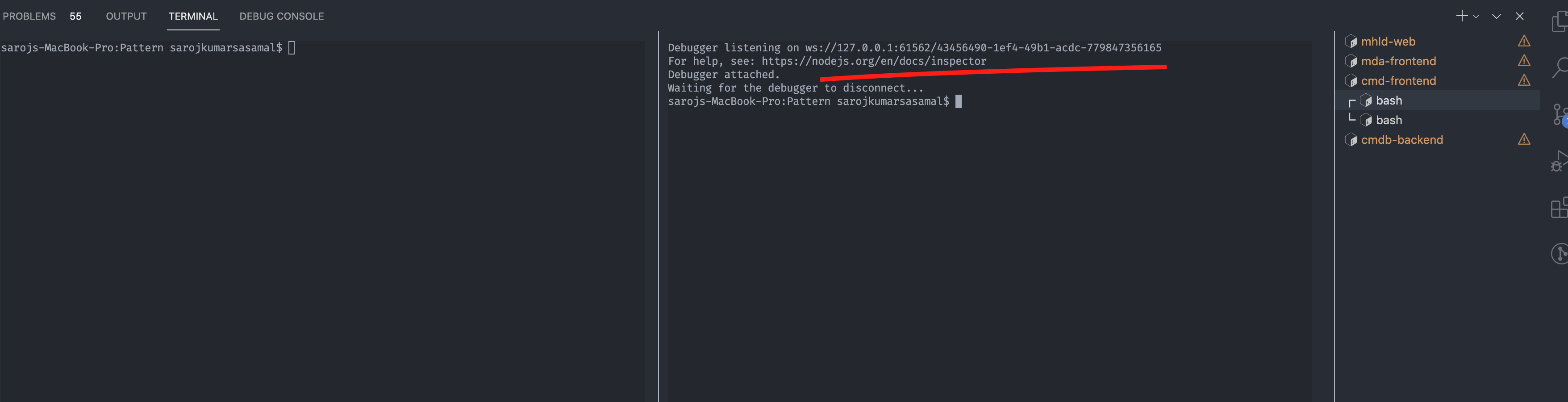using split terminal attaches debugger and stop it · Issue #128684 · microsoft/vscode · GitHub