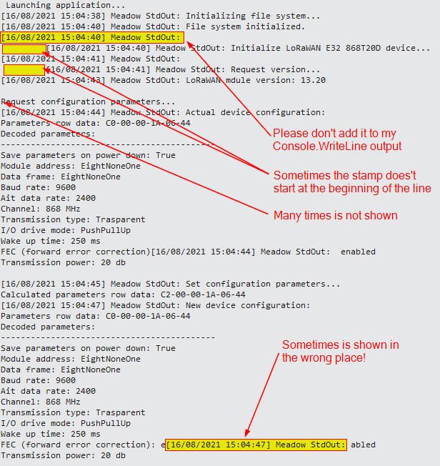 Don't add timestamp and other text to the Console.WriteLine() and console.Write() methods output ...