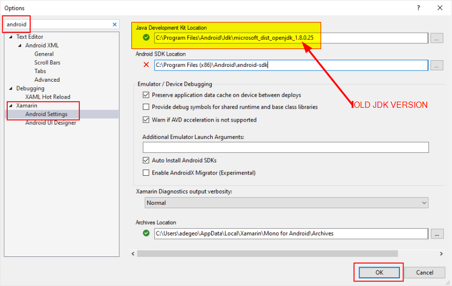 Change the image "Visual Studio android SDK manager window for .NET MAUI" with updated JDK path ...