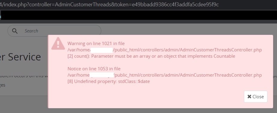Warning on line 1021 in file /prestashop/controllers/admin/AdminCustomerThreadsController.php [2 ...